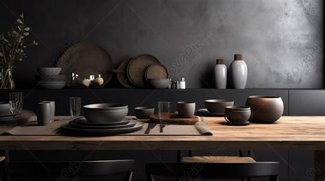 몰입형 인테리어 디자인 세련된 회색 벽 장식을 갖춘 멋진 3d 렌더링 다이닝 룸 살다 배경 다이 배경 테리 배경 이미지