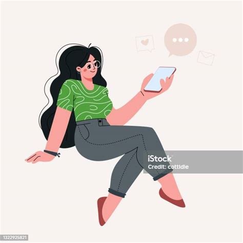 젊은 앉아서 인터넷 브라우징 채팅 동영상을 찾고 또는 소셜 미디어를 확인하기 위해 스마트 폰을 사용 벡터 플랫 일러스트레이션 Brand Name Online