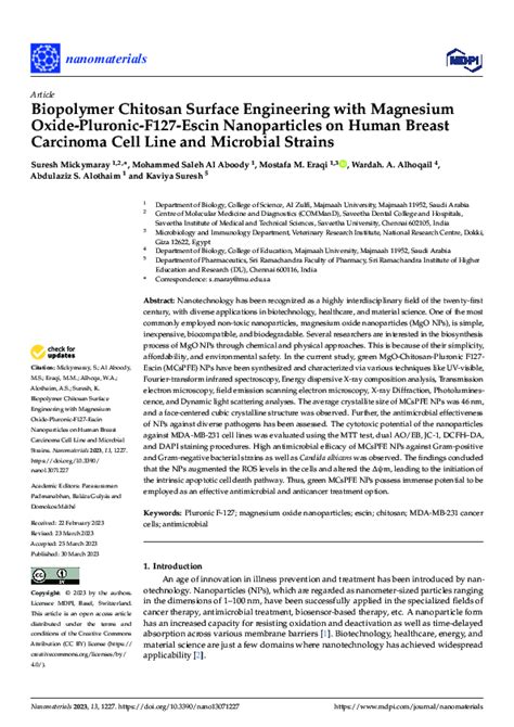 Pdf Biopolymer Chitosan Surface Engineering With Magnesium Oxide Pluronic F127 Escin