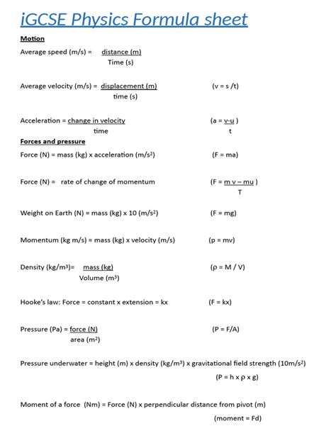 Igcse Physics Formula Sheet Pdf Refraction Force