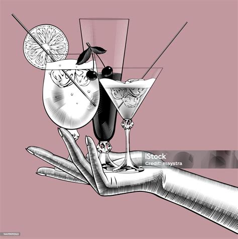 칵테일과 함께 와인 잔을 들고 있는 여성 손 칵테일에 대한 스톡 벡터 아트 및 기타 이미지 칵테일 여자 복고풍 Istock