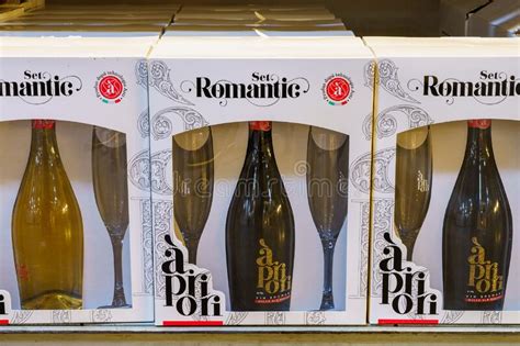 Romantic Set Of Sparkling Wine With Glasses On The Store Shelf