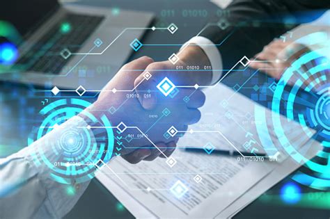 두 명의 사업가 악수와 이진 기술 홀로그램 드로잉 배경의 이중 노출 파트너십 과 계약의 개념 포멀 웨어 비즈니스에 대한 스톡 사진 및 기타 이미지 Istock