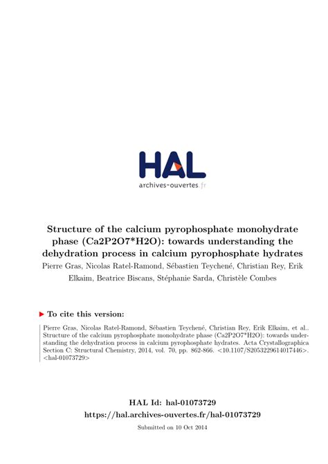 Pdf Structure Of The Calcium Pyrophosphate Monohydrate Phase Ca2p2o7