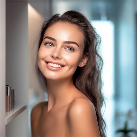 Premium Photo A Woman With Long Hair Is Standing In Front Of A Mirror And Smiling