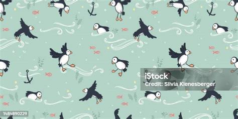 귀여운 손으로 그린 퍼핀 원활한 패턴 사랑스러운 낙서 새 배경 섬유 배너 배경 화면에 대한 좋은 벡터 디자인 바다오리 바다쇠오리에 대한 스톡 벡터 아트 및 기타 이미지