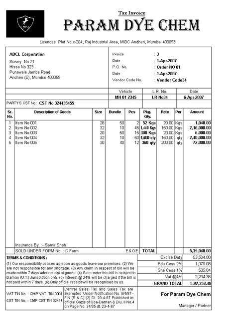 Tally Sales Invoice Format