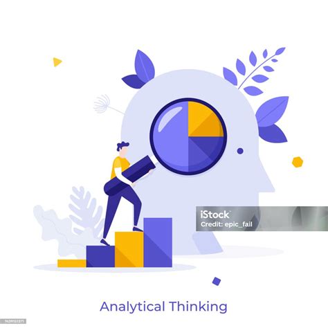 막대 차트를 오름차순으로 올라가고 돋보기를 통해 머리를 바라보는 남자 분석적 사고 통계 분석 비즈니스 분석의 개념 현대 평면 다채로운 벡터 그림입니다 개념에 대한 스톡 벡터