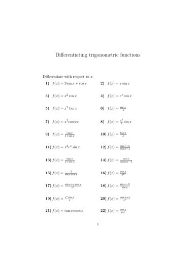 Differentiating Trigonometric Functions Worksheet With Solutions Teaching Resources