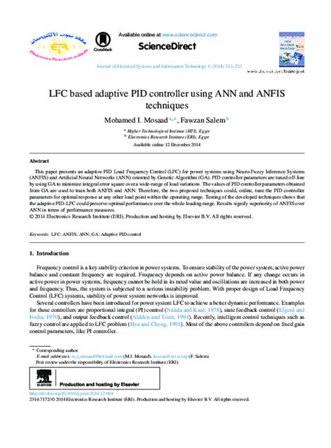 Pdf Lfc Based Adaptive Pid Controller Using Ann And Anfis Techniques