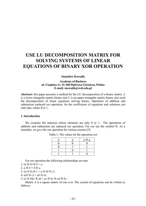 Pdf Use Lu Decomposition Matrix For Solving Systems Of Linear Equations Of Binary Xor Operation
