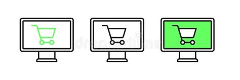 Set Line Shopping Cart On Monitor Icon Isolated On White Background Concept E Commerce E
