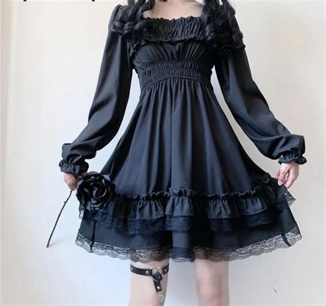 블랙 프렌치 넥 러플 원피스 고스로리 고스펑크 헬로마켓