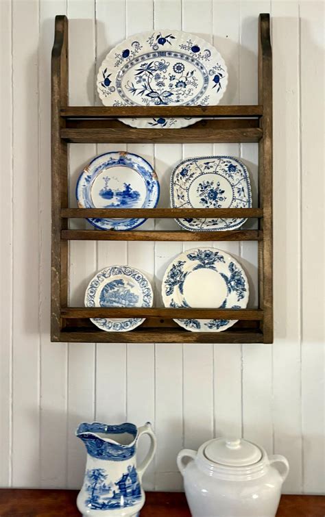 Vintage Rustic Wall Mounted Wooden Plate Kitchen Rack 3 Shelves 30