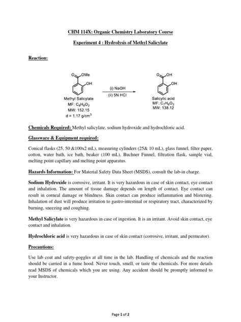 Chm 114 Exp 4 Hydrolysis Of Methyl Salicylate Pdf Filtration