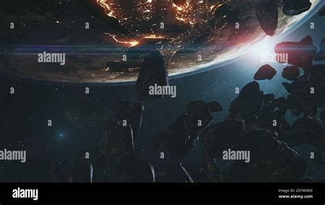 Closeup Asteroids At Earth Orbit In Outer Space Approach Spatial Sunlight Scenery Before