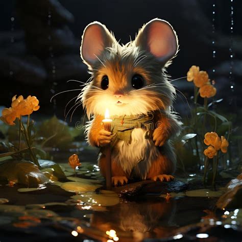 AI Generated Illustration Of A Tiny Mouse Stands Near A Tranquil Garden Pond Stock Illustration
