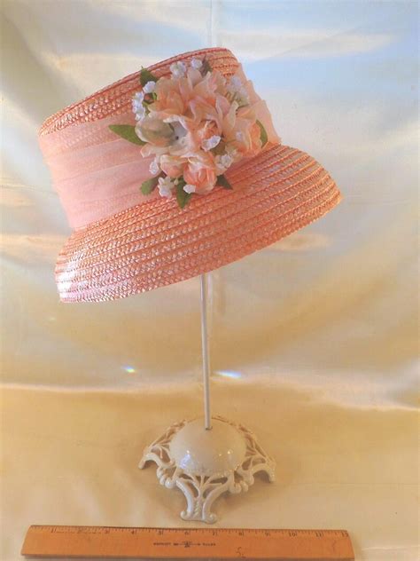 Vintage Warm Peachy Pink Faux Straw Hat With Sheer White Band White