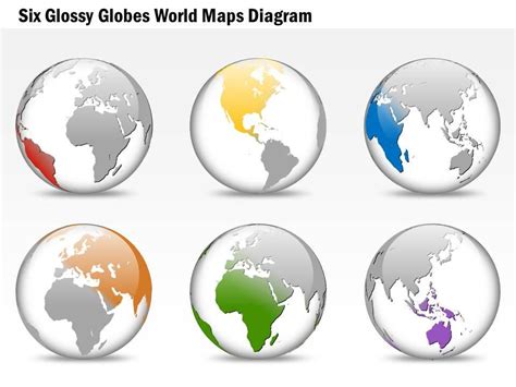 Six Glossy Globes World Map Diagram Ppt Presentation Slides Presentation Graphics Powerpoint