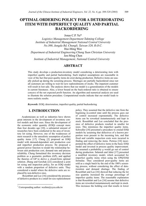 Pdf Optimal Ordering Policy For A Deteriorating Item With Imperfect Quality And Partial