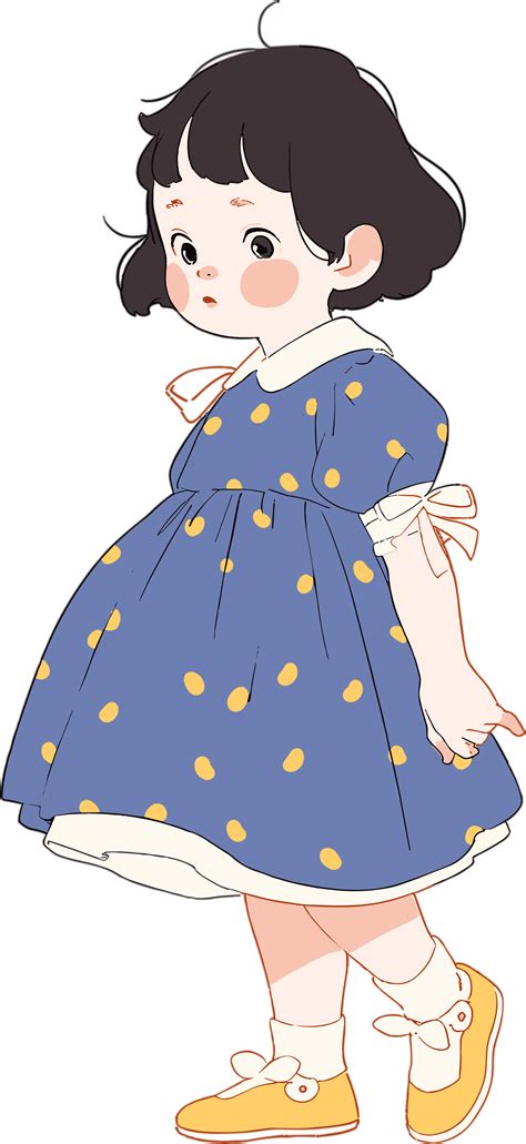 蓝色裙子的可爱小女孩插画png素材