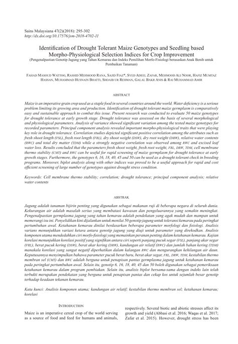 Pdf Identification Of Drought Tolerant Maize Genotypes And Seedling Based Morpho Physiological
