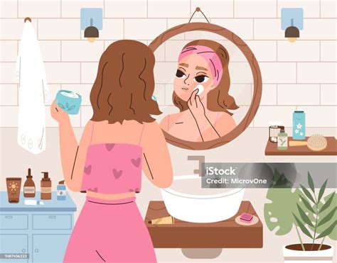 화장실에서 여자 자기 관리 위생 루틴 얼굴 피부 청소 및 보습 매일의 메이크업 과정 젊은 성인 또는 십대 아늑한 벡터 장면 개성 개념에 대한 스톡 벡터 아트 및 기타 이미지