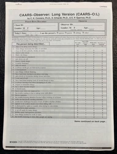 Conners Adult Adhd Rating Scales Caars Long Version Self Report