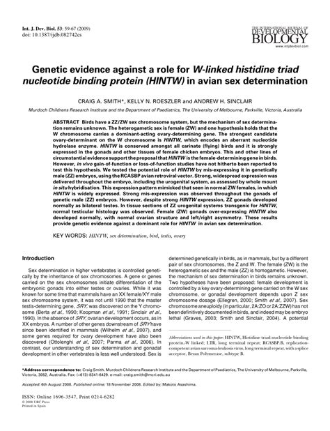 Pdf Genetic Evidence Against A Role For W Linked Histidine Triad