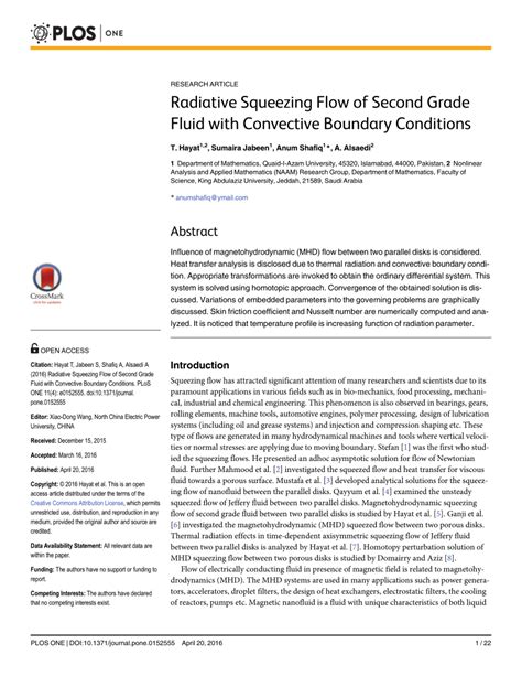 Pdf Radiative Squeezing Flow Of Second Grade Fluid With Convective Boundary Conditions