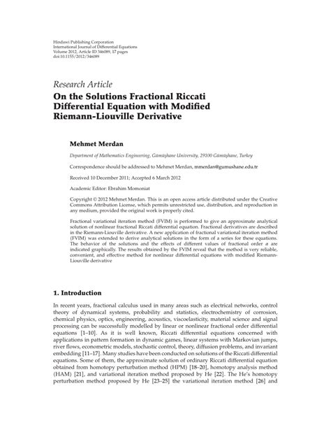 Pdf On The Solutions Fractional Riccati Differential Equation With Modified Riemann Liouville