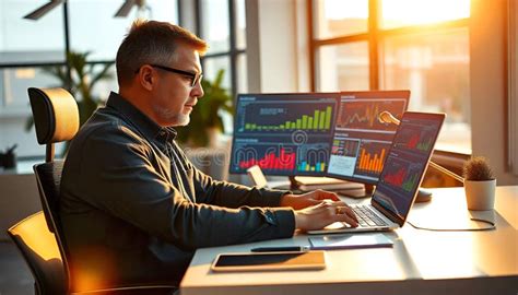 Programmer Coding On Dual Monitors In Dimly Lit Office Stock
