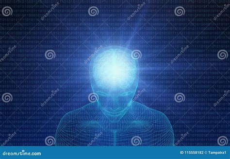 Human Head With Brain With Binary Code Wireframe Model Stock