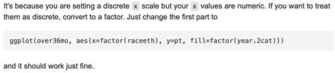 Discrete Value Supplied To Continuous→scale囲う 解決法「 X軸の値をfactorで」 Open Bioinfo Yamaken