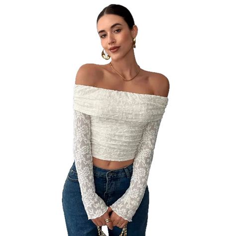 Womens Off The Shoulder Lace Long Sleeve Crop Top Ruched Sheer Blouse