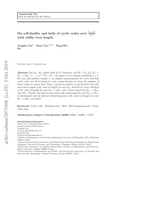 Pdf On Self Duality And Hulls Of Cyclic Codes Over F 2 M U U K With Oddly Even Length