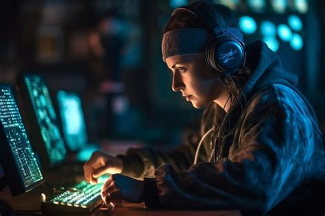 Premium Ai Image A Man Sits At A Computer With Headphones On And A Headset On His Head