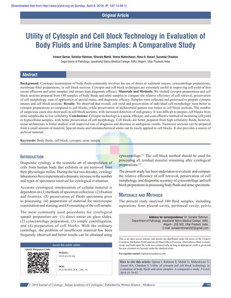 Pdf Utility Of Cytospin And Cell Block Technology In Evaluation Of Body Fluids And Urine