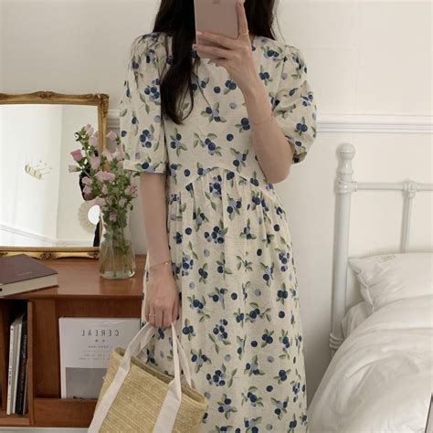 라운드 넥 블루 베리 패턴 원피스 헬로마켓