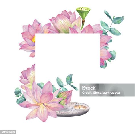 분홍색 피는 연꽃 새싹 유칼립투스 잎 및 돌 촛불 배경에 고립된 직사각형 프레임 손으로 그린 수채화 그림입니다 디자인 장식 엽서 타이포그래피 메뉴 기념품 0명에 대한 스톡