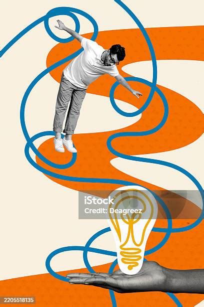 합성물 3d 사진 콜라주 디자인 트렌드 퍼즐 마음 유레카 해결책 시작 손 보류 아이디어 램프 선 젊은이 서있는 혼란스러워하는 35 39세에 대한 스톡 사진 및 기타 이미지