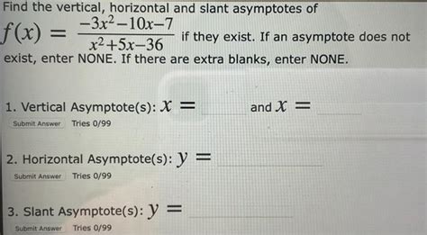 Solved Find The Vertical Horizontal And Slant Asymptotes Of