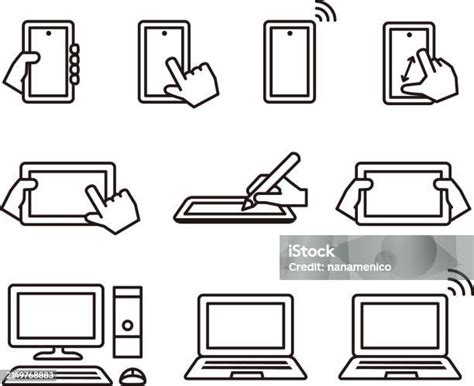 스마트폰 컴퓨터 태블릿 및 다양한 장치의 일러스트레이션 세트 Brand Name Smart Phone에 대한 스톡 벡터 아트 및 기타 이미지 Brand Name