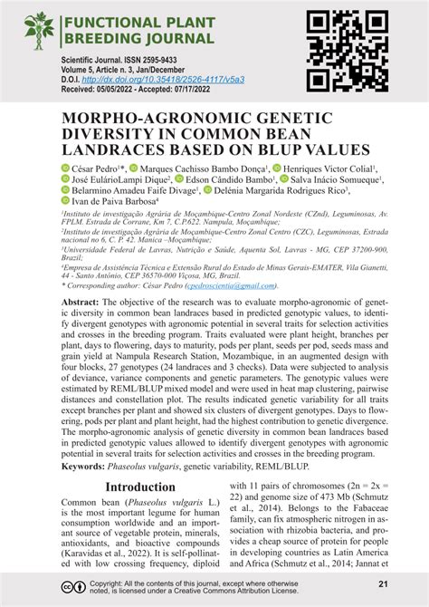 Pdf Morpho Agronomic Genetic Diversity In Common Bean Landraces Based On Blup Values