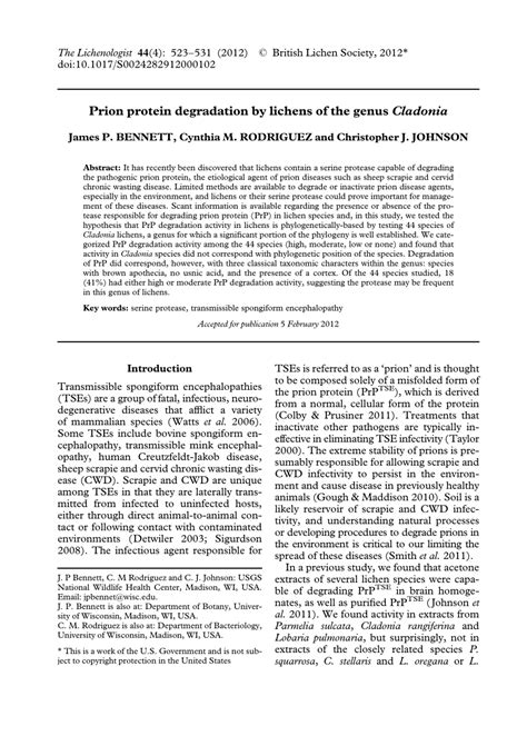 Pdf Prion Protein Degradation By Lichens Of The Genus Cladonia