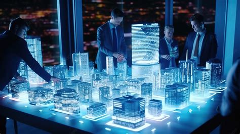 증강 현실 홀로그램을 활용하여 3d 건물 모델로 도시의 고층 빌딩을 설계하는 건축팀 사진 및 무료 다운로드를위한 그림 Pngtree