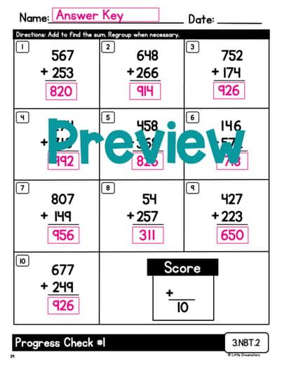 3 Nbt 2 Three Digit Addition Yearlong Vertical Progress Checks