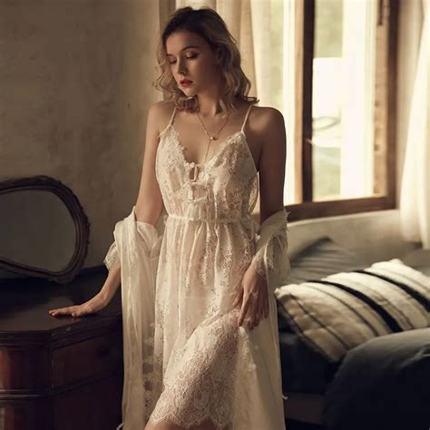Sexy Mousse Women Sleepwear Lace See Through Nightgowns Set Women