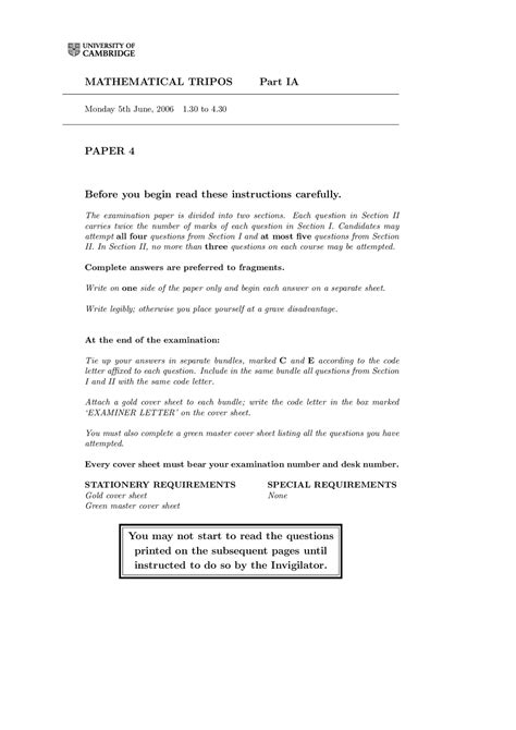 Mathematical Tripos Exam Paper 4 Part Ia June 2006 Exams Mathematics Docsity