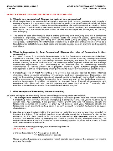Activty 3 Roles Of Forecasting In Cost Accounting Pdf Forecasting Cost Accounting
